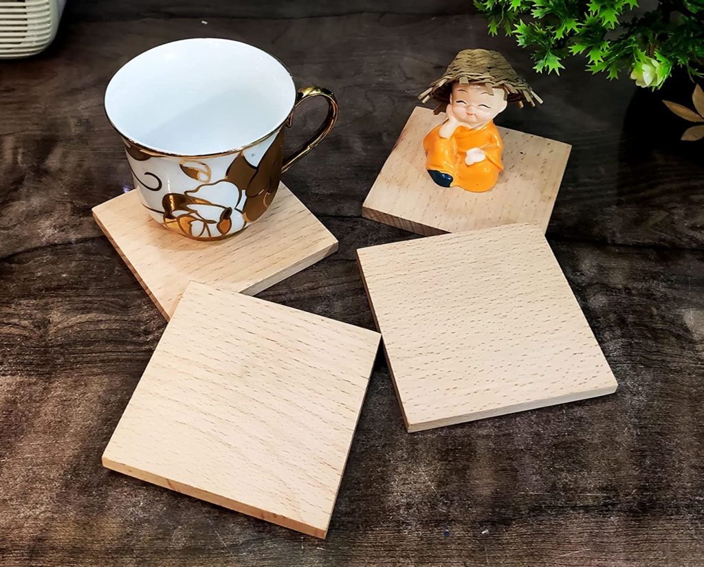 Tea Cup Coasters Set of 4 for Dining Table with Stand (Wood, 8x8 cm ...