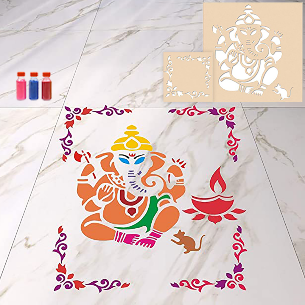Ganesha with Corner - Rangoli Stencil Combo with Six Rangoli Colors ...