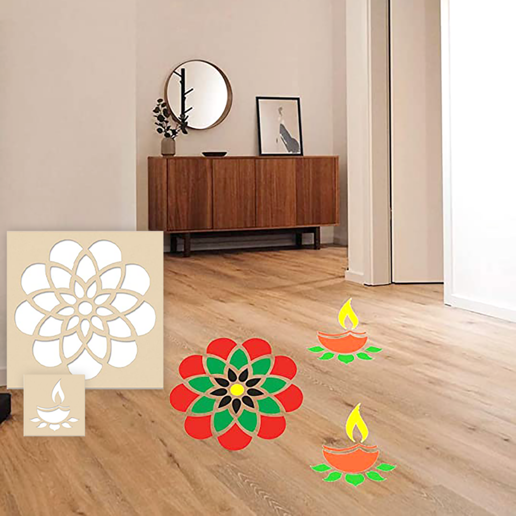 DIY Floral Rangoli Stencils Design with Diya - Incredible Gifts