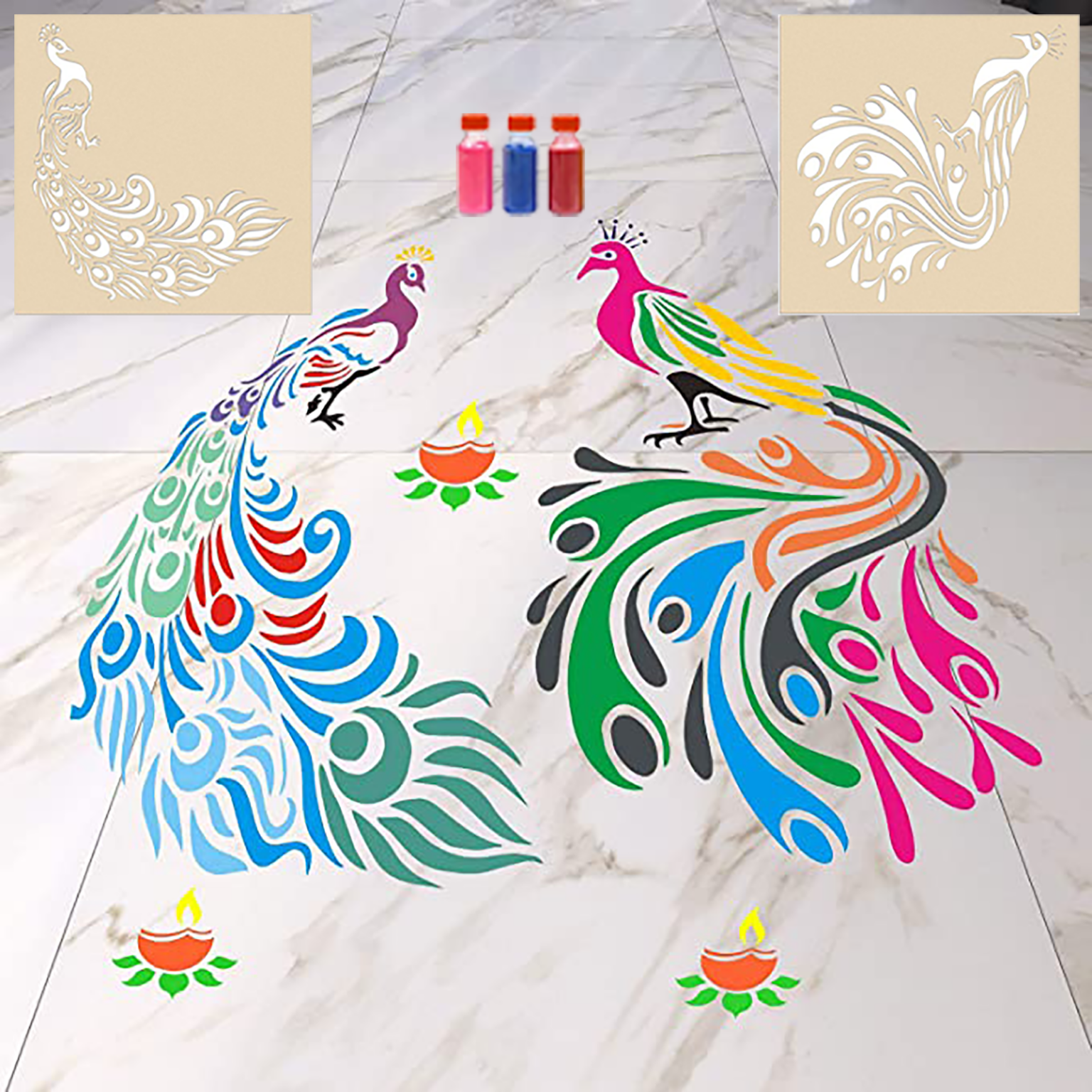Peacock Rangoli Stencil Floor Decoration with Six Rangoli Colors ...