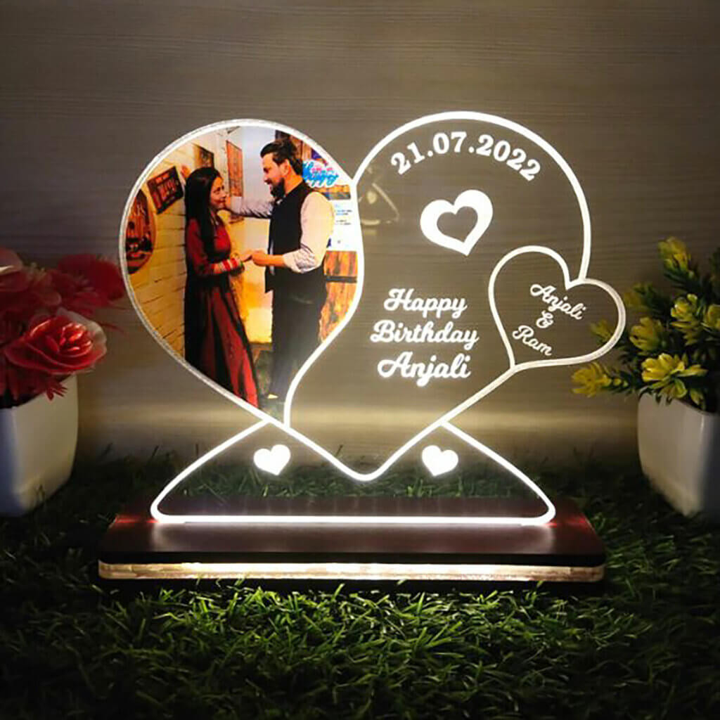 Personalized LED Heart Photo Lamp with Wood Light Stand - Incredible Gifts