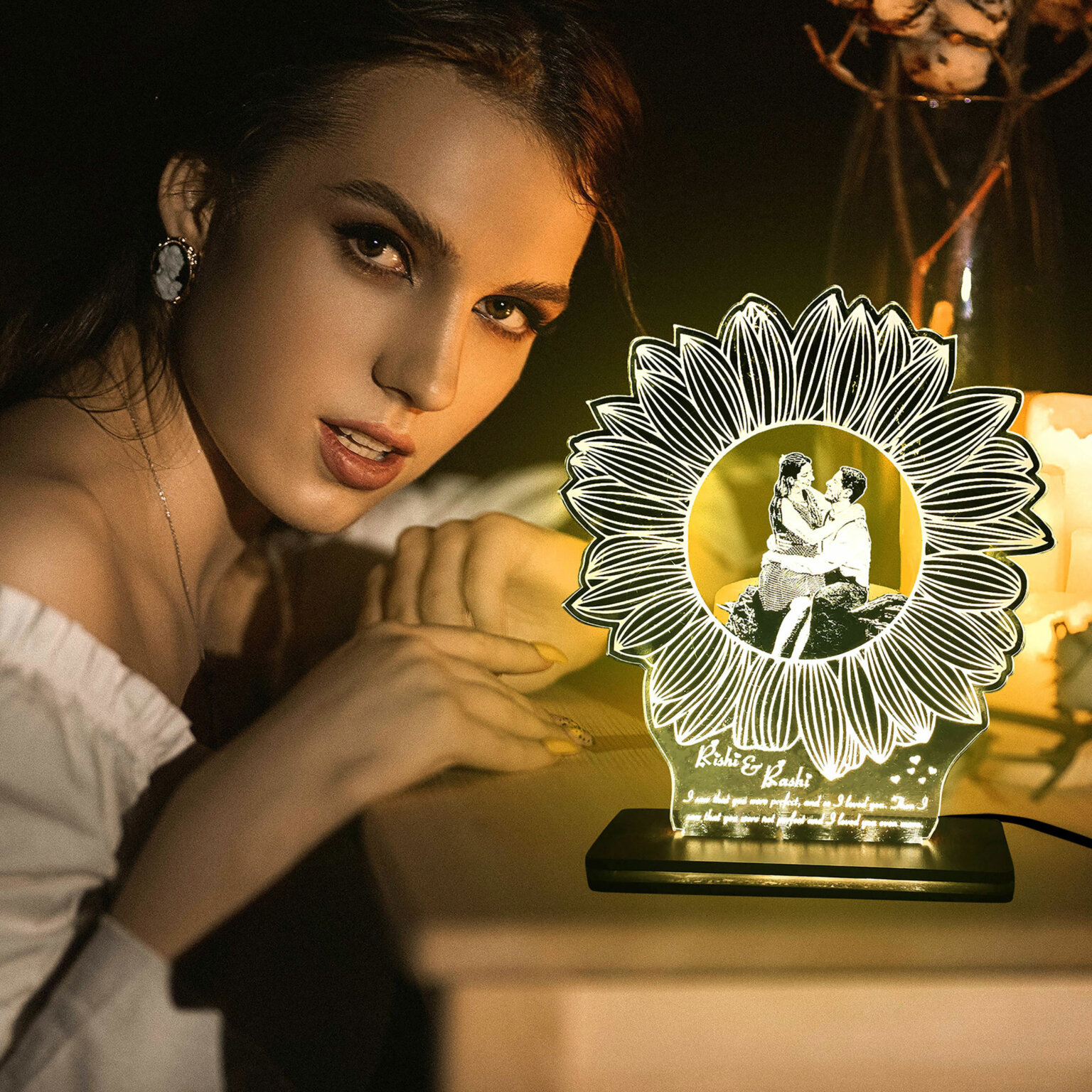 Personalized Flower LED Photo Frame with Wood Light Stand - Incredible ...