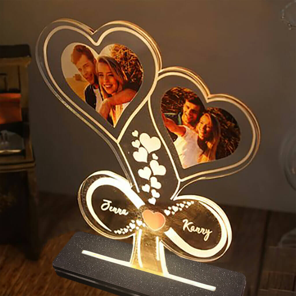 Personalized Double Heart With Infinity LED Photo Lamp With Stand ...
