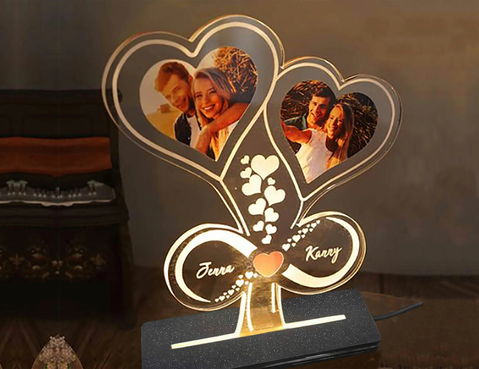 Personalized Double Heart With Infinity LED Photo Lamp With Stand ...