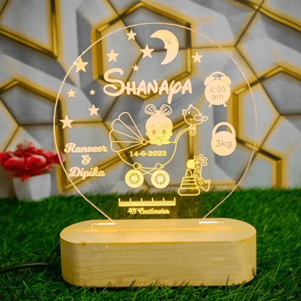 Personalized Premium Round LED Lamp For Baby With Wood Stand ...