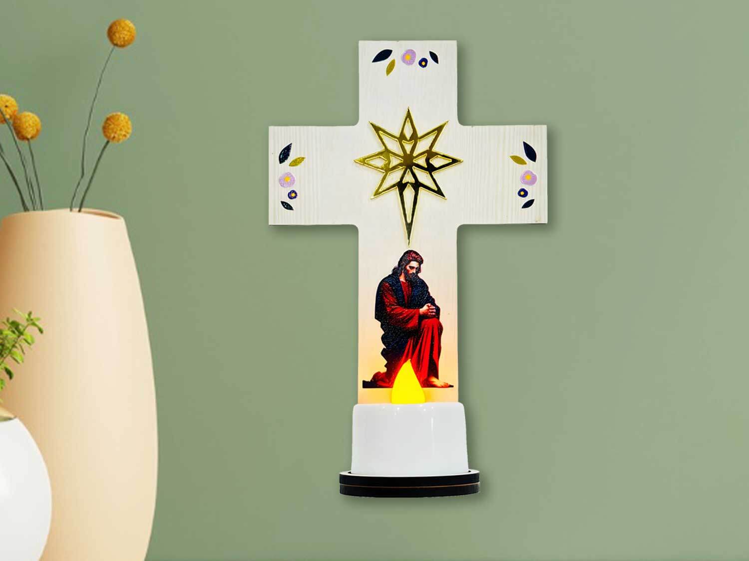 Printed Wooden Jesus Cross With LED Tea Light For Festive Decor ...