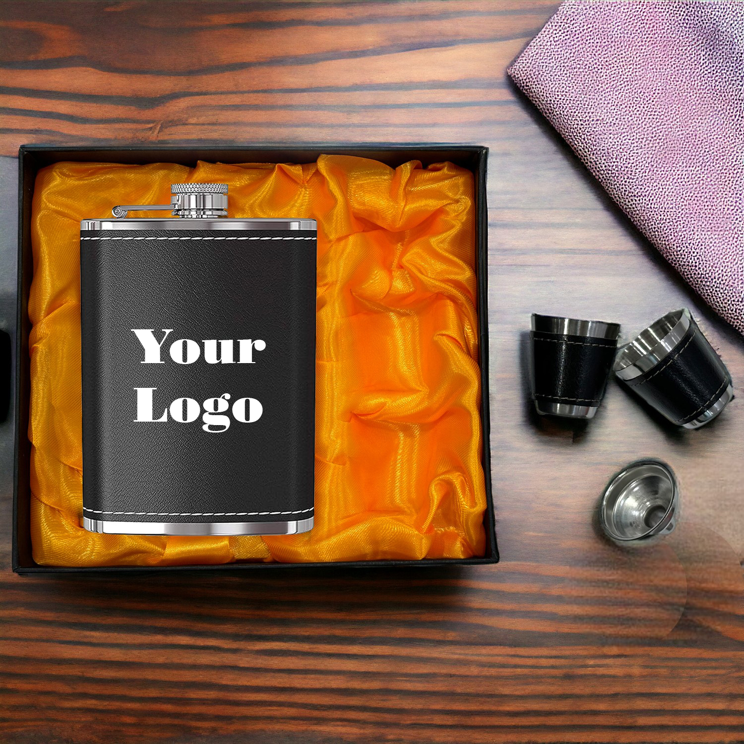 Luxury Personalized Logo Black Leather Hip Flask Set - Incredible Gifts