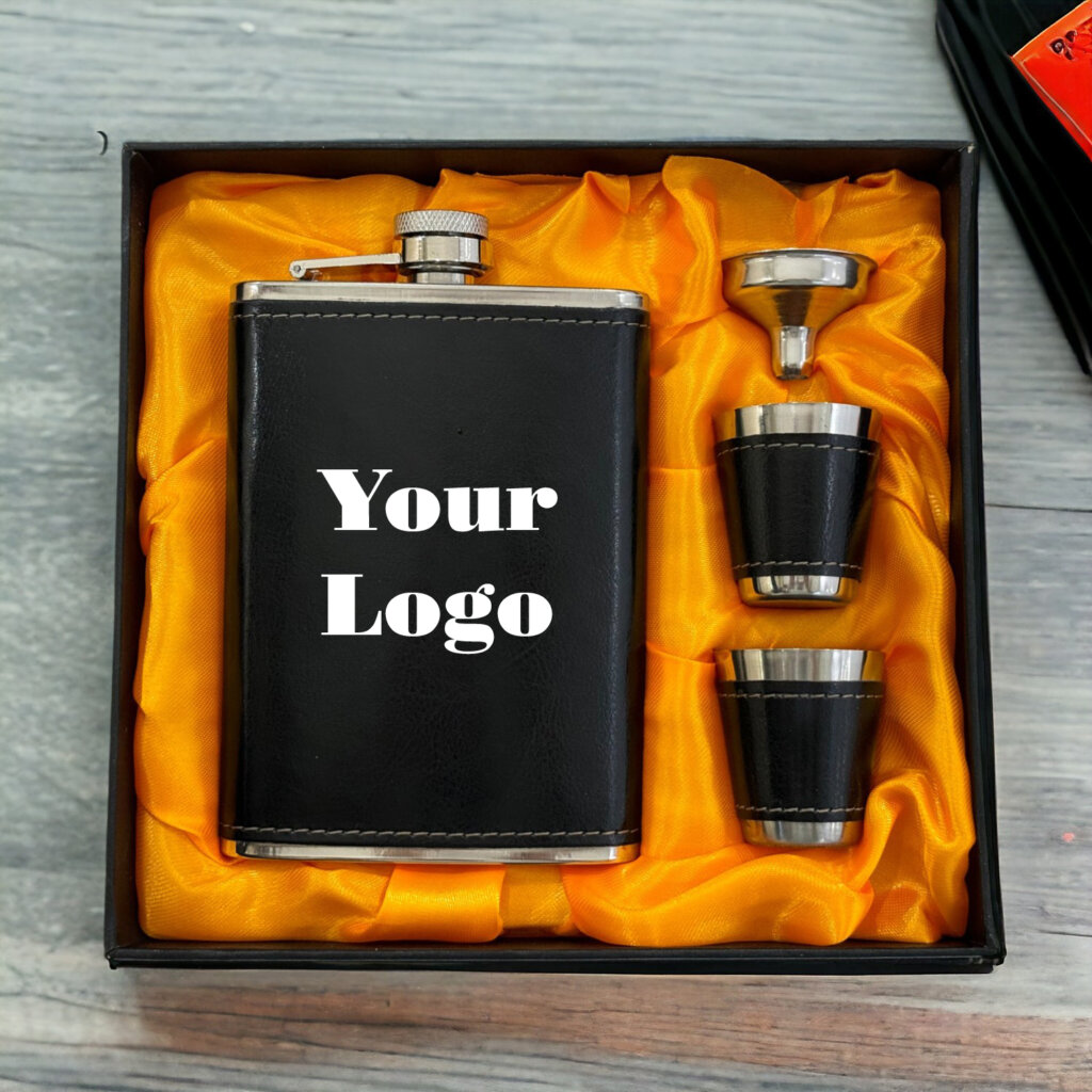 Luxury Personalized Logo Black Leather Hip Flask Set - Incredible Gifts