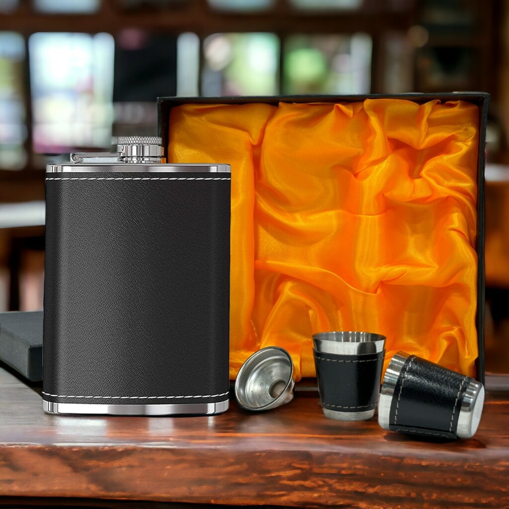Luxury Personalized Logo Black Leather Hip Flask Set Incredible Gifts
