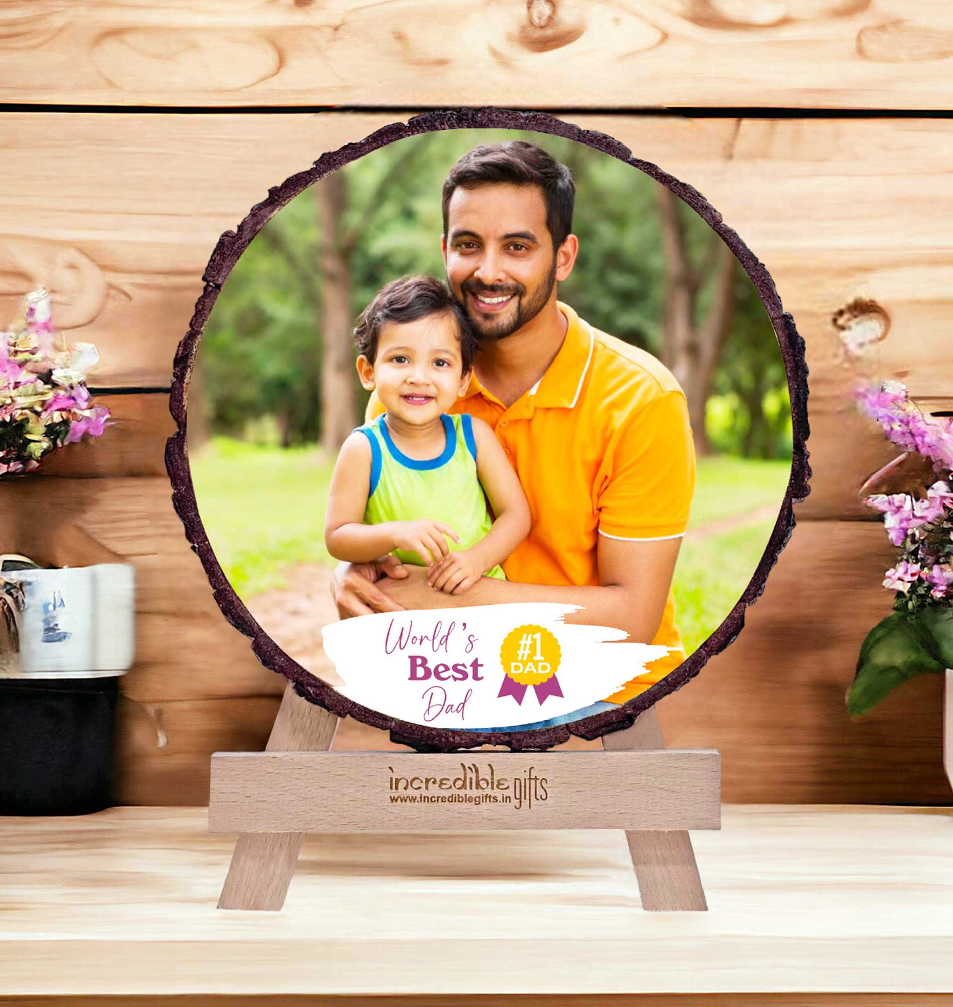 Personalized Colored Wooden Slice Photo Frame for Father - Incredible Gifts