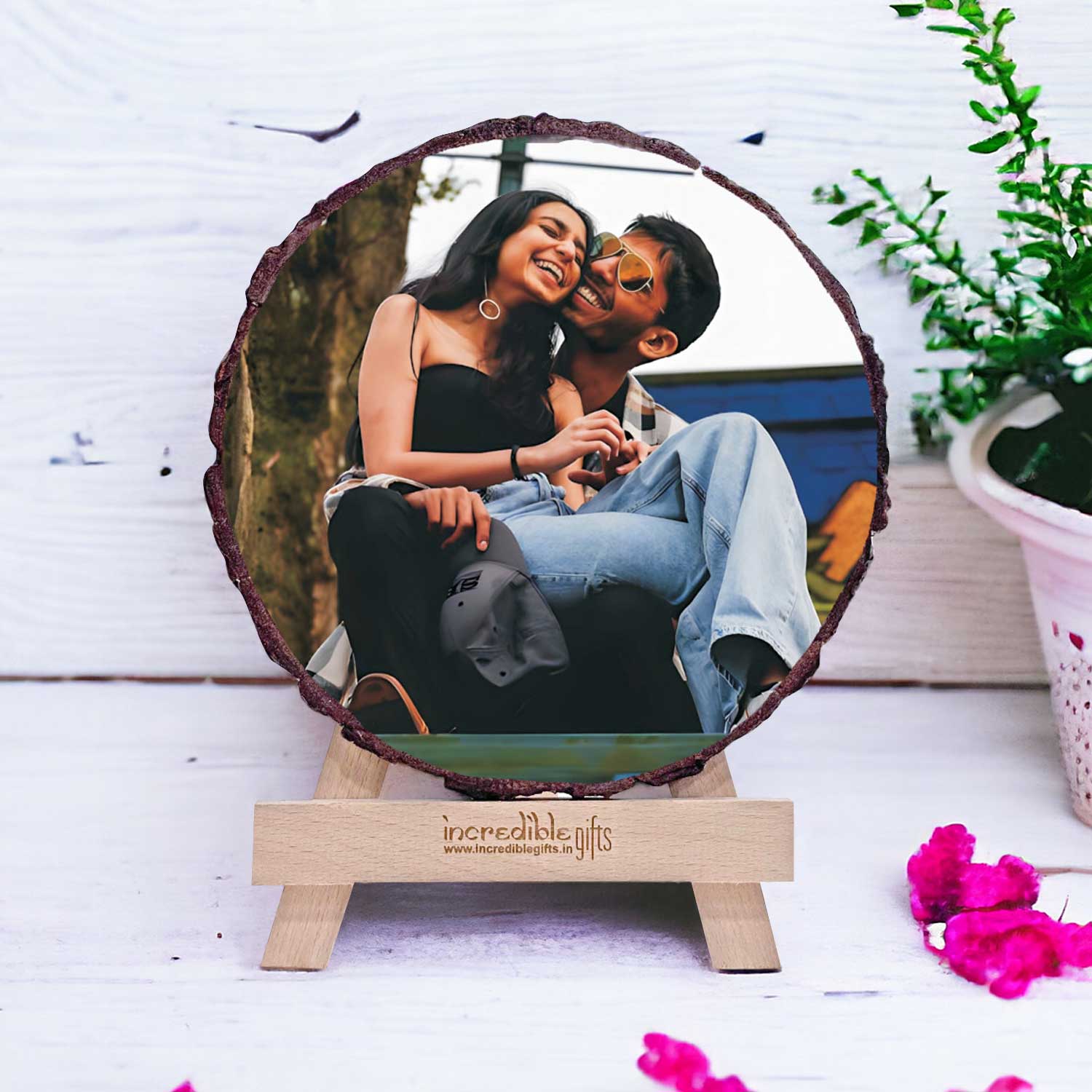 Customized Natural Wooden Slice Couple Photo Frame - Incredible Gifts